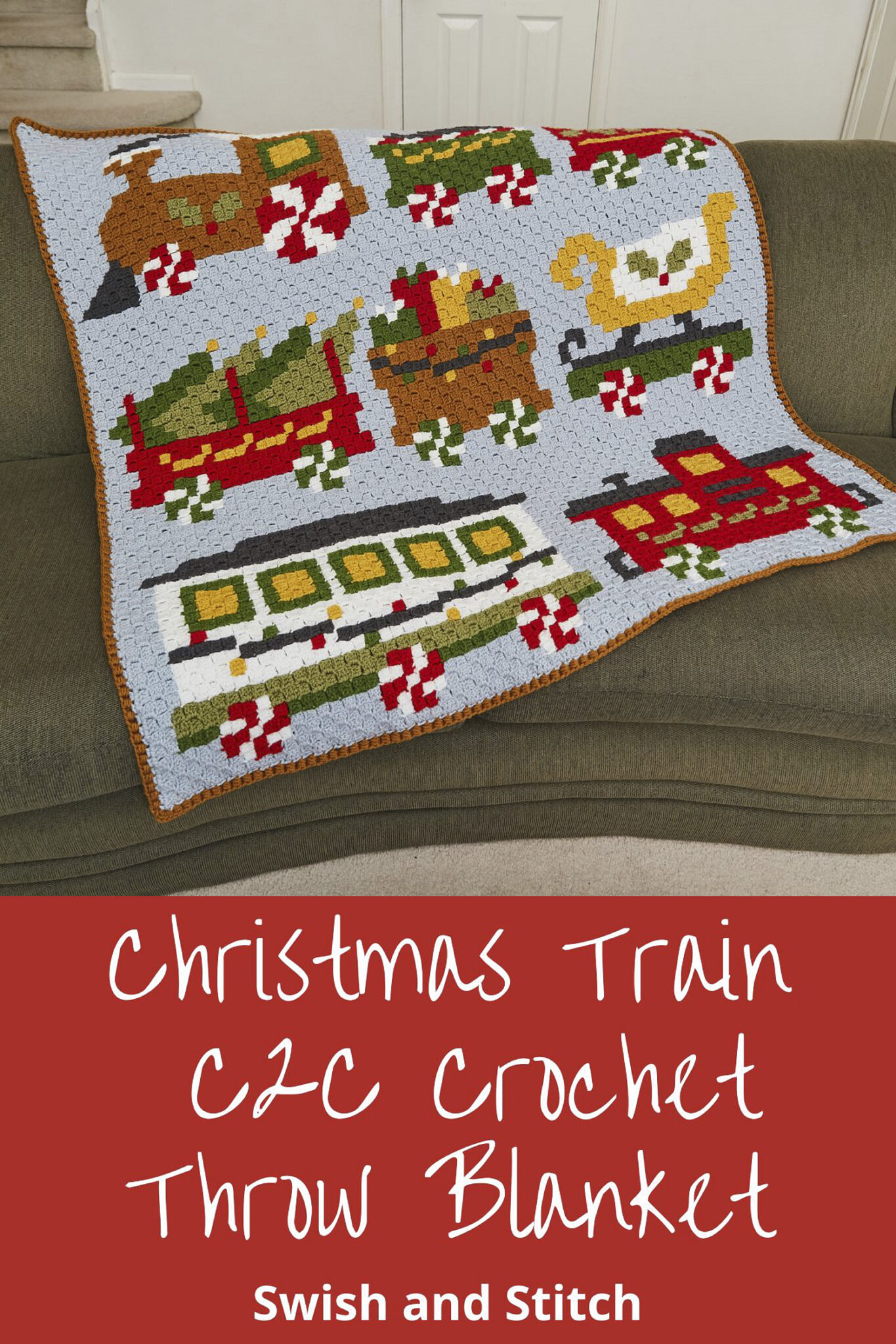 Christmas Train C2C Crochet Throw Blanket - Swish and Stitch